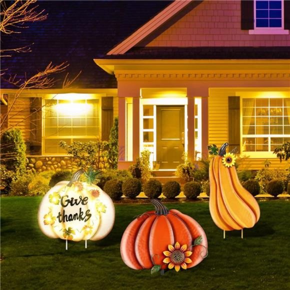 Accents | 3 Pieces Metal Fall Pumpkins Garden Yard Signs Stakes 39 Inch ...
